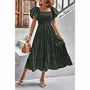 PRETTYGARDEN Women's Casual Summer Midi Dress Puffy Short Sleeve Square Neck Smocked Tiered Ruffle Dresses (Army Green,Medium)