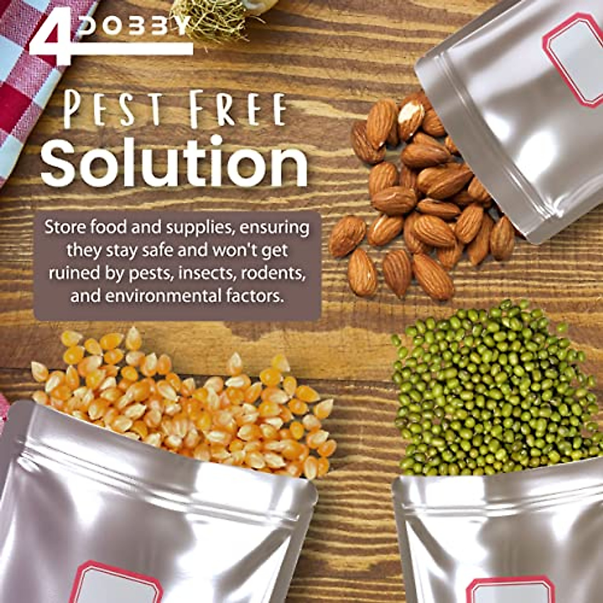 100pcs Mylar Bags for Food Storage with Oxygen Absorbers 300cc (100pcs) and Labels, 5"x7" (30pcs) 1 Quart Mylar Stand-Up (50pcs) 1 Gallon (20pcs) Stand-Up Mylar Stand-Up, Zipper Pouches Resealable and Heat Sealable for Long Term Food Storage