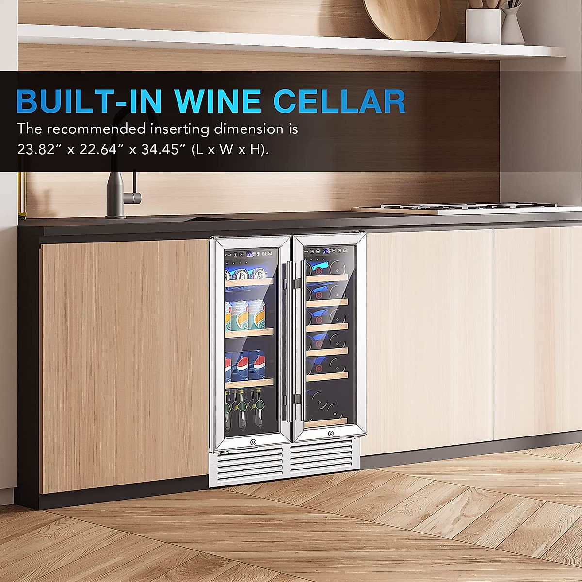 CHEFJOY Beverage and Wine Cooler Refrigerator, Dual Zone 2-in-1 Wine Fridge Cellar w/Independent Temperature Control, LED Lights, 18 Bottles & 57 Cans, Quiet Operation, Freestanding or Built-in