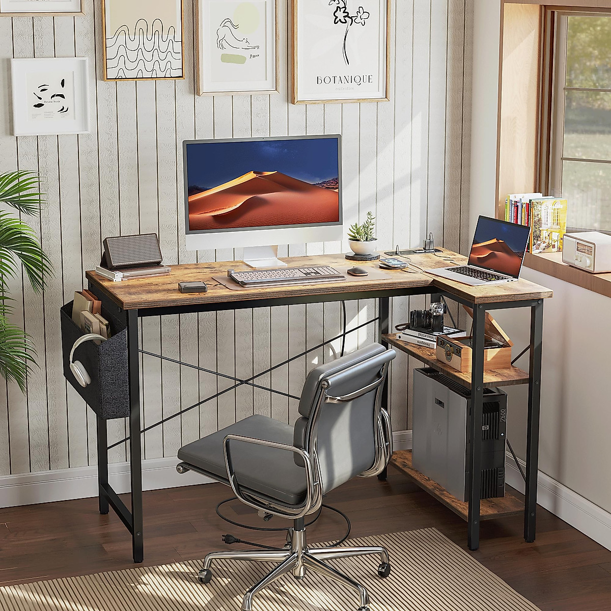 TIQLAB Small Computer Desk with Power Outlets, 40 Inch L Shaped Desk with Reversible Shelves, Gaming Desk Corner Desk Study Writing Desk for Home Office Bedroom Small Space, Rustic Brown