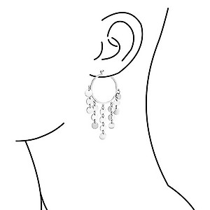 Bohemian Sequin Coin Disc Dangle Chandelier Round Hoop Chandelier Earrings For Women Silver Tone Stainless Steel 3Inch