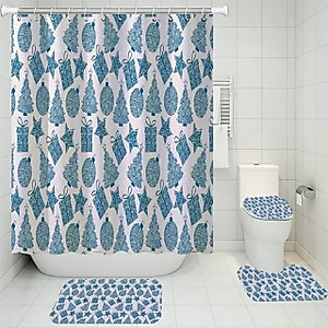 AXISRC 4 Pieces Blue Cartoon Shower Curtains Sets Merry Christmas Rugs Home Textile Bathroom Mat 3D Print for Kids Gift Bath Sets 71x71inches
