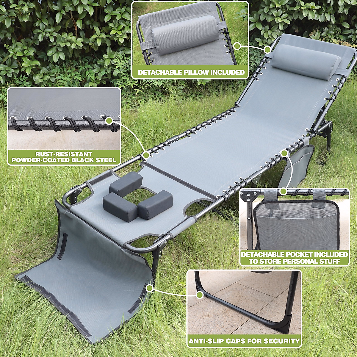 Yardenaler Foldable Outdoor Chaise Lounge Chair with Face & Arm Hole, Portable Tanning Chair with 5-Position Adjustable Back, Detachable Pillow and Pocket for Patio, Beach and Pool, Gray