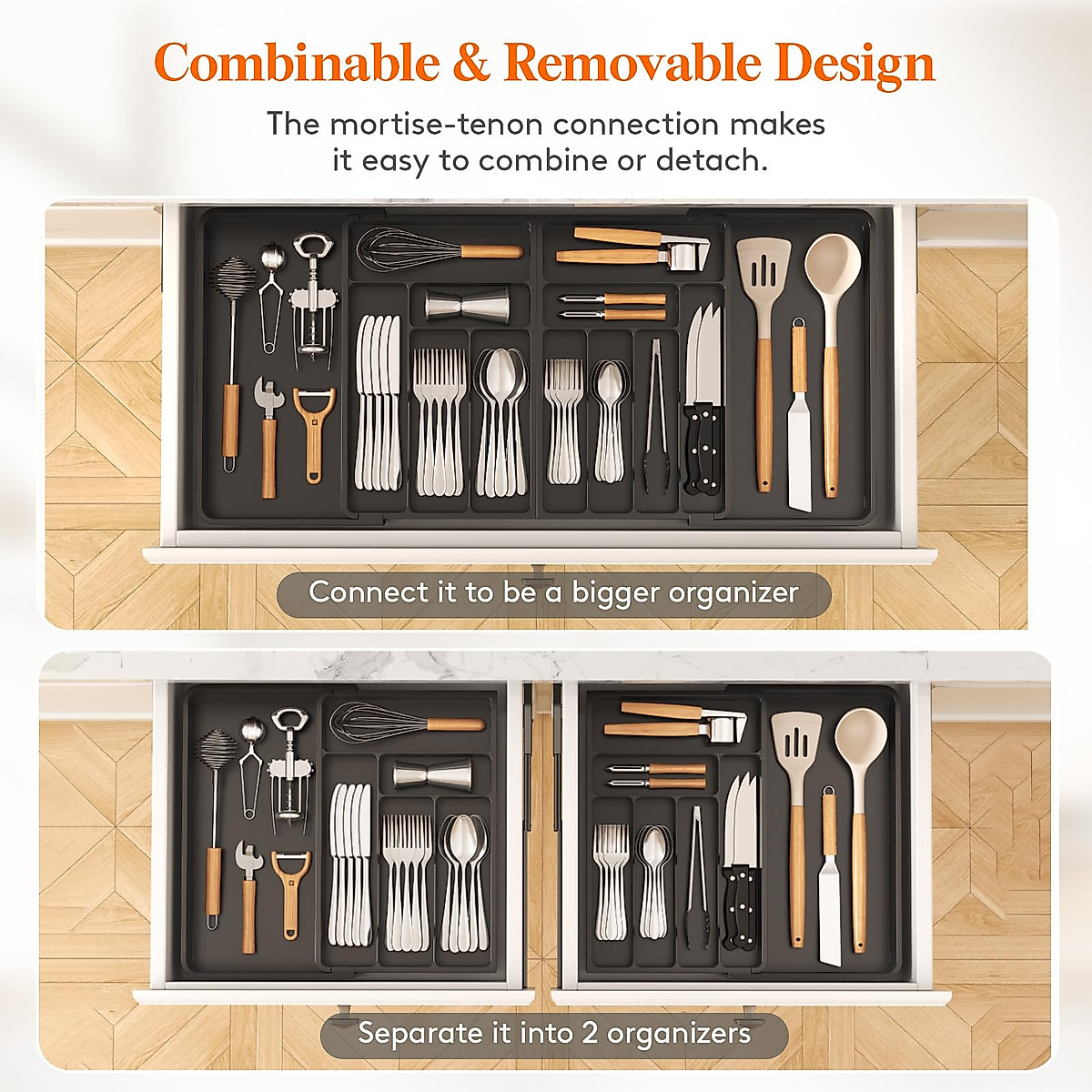 Lifewit Large Silverware Drawer Organizer, Expandable to 36 Inches Wide, BPA Free Plastic Utensil Tray for Kitchen, Adjustable Flatware and Cutlery Holder for Spoons Forks Knives, Black