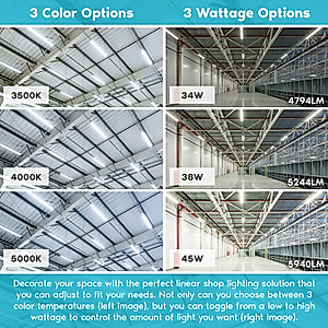 LUXRITE 4FT LED Strip Light Fixture, 34W/38W/45W Adjustable, Up to 5940 Lumens, 3 Color Selectable 3500K-5000K, Linear Shop Light, 0-10V Dimmable, Damp Rated, UL Listed - Garage, Workshop