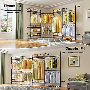 Timate L4 L Shape Garment Rack Heavy Duty Clothes Rack for Hanging Clothes, Expandable Industrial Pipe Clothing Rack, Wall Mounted Closet Organizer Large Wardrobe Closet Kit Corner Closet System Black