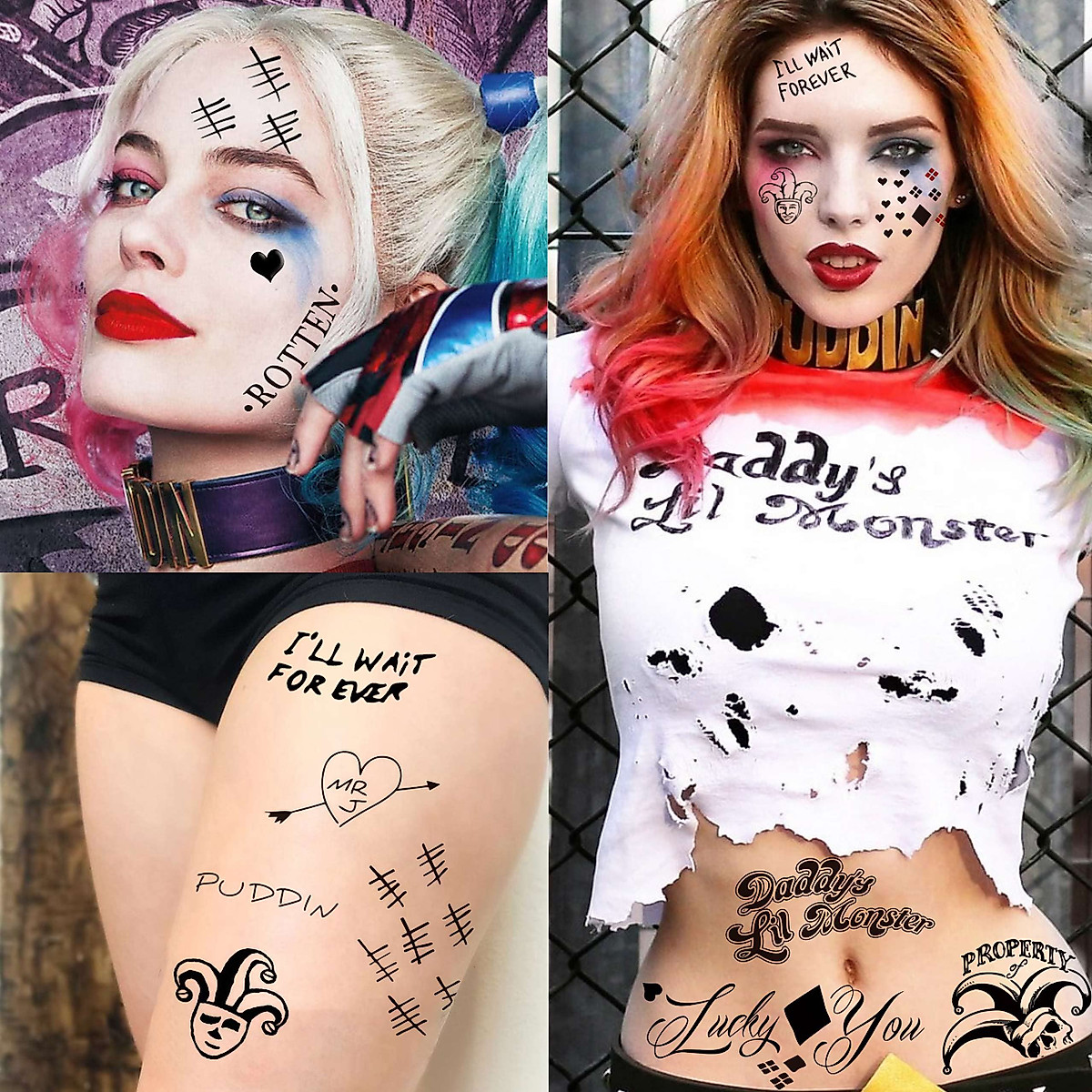 TASROI 5 Sheets Harley Quinn Tattoo Stickers For Women Men Adults, Fake Joker Harley Quinn Tattoos Suicide Squad Birds of Prey Temporary Tattoos Halloween Face Makeup, Harley Quinn Costume Accessories