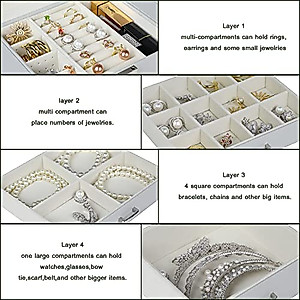 DQUTAR Jewelry Box for Women 4-layer Leather Large Jewelry Organizer Box with Drawers&Mirror for Necklace/Ring/Earring/Watch Storage (Grey)