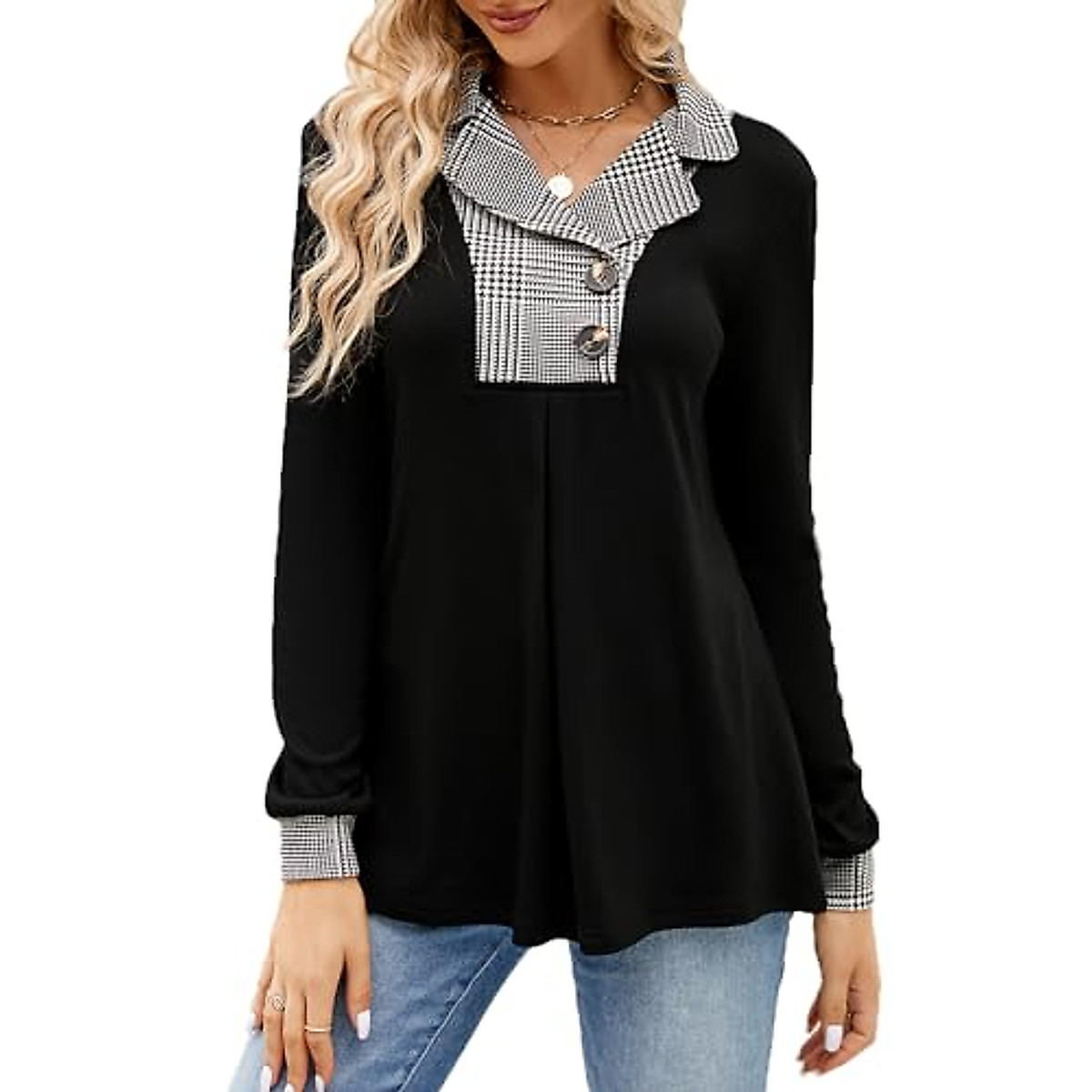 Newchoice Women Tunic Sweatshirt Work Summer Lapel Collar Long Sleeve Shirt Sweatshirts Pullover Blouse Tops(01Black White.XL)