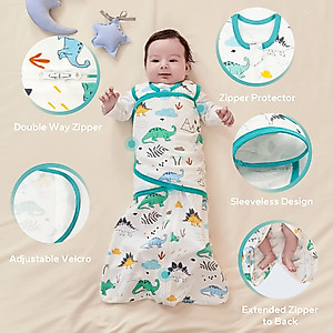 ZIGJOY Baby Swaddle Wearable Blanket 3-Way Adjustable 0.5 TOG Transtion Sleep Sack 100% Cotton for Newborn Infant Boy Girl 0-6 Months Jurassic