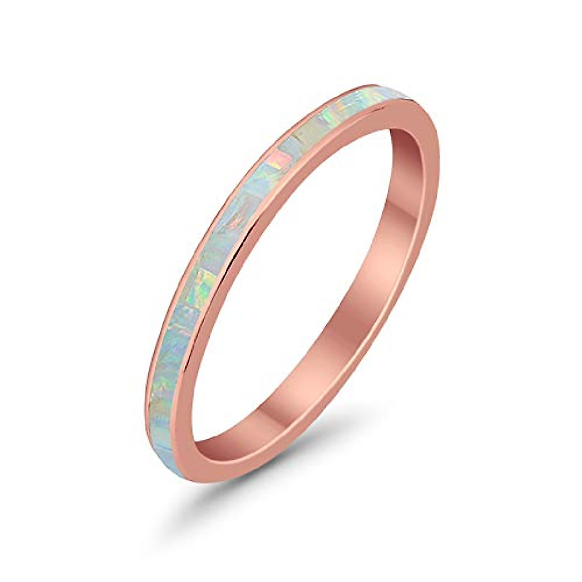 Blue Apple Co. 3mm Full Eternity Stackable Band Ring Rose Tone Lab Created White Opal 925 Sterling Silver Size-7