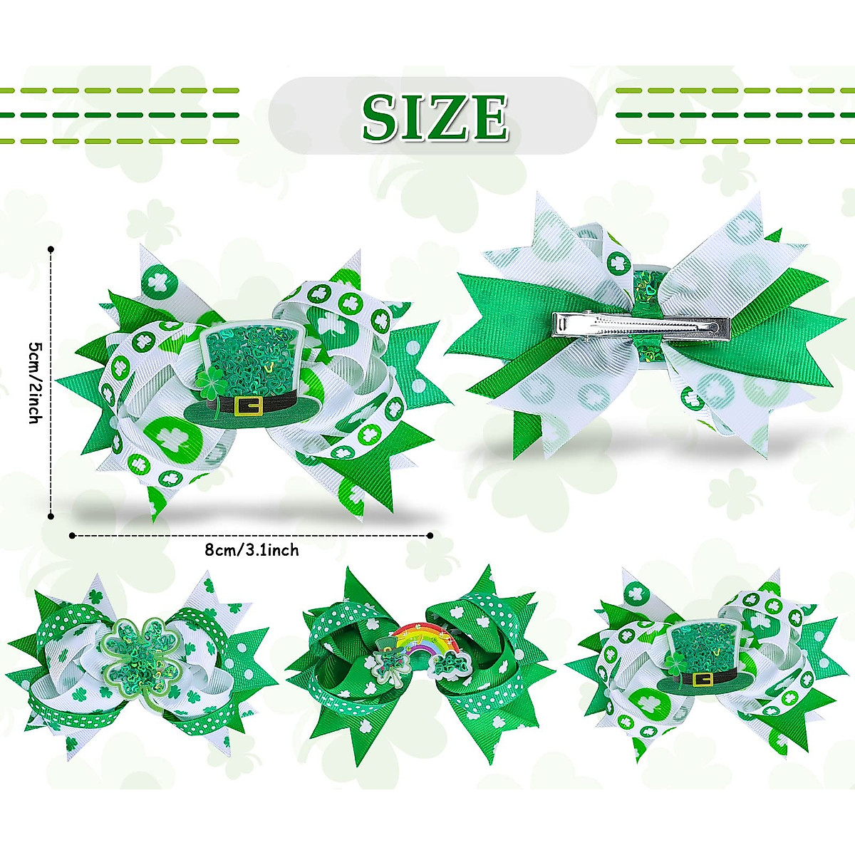 Whaline 3Pcs St. Patrick's Day Hair Bow Clips Shamrock Grosgrain Ribbon Bow Hair Pins Green White Clover Bow Alligator Hair Barrettes for Toddlers Girls Kids Irish Holiday Party Hair Accessories