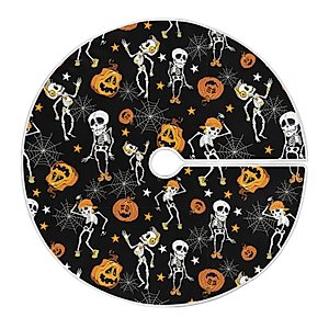 ALAZA Halloween Tree Skirt Decoration,Small Mini Tree Skirt Ornament 35.4 Inch with Spooky Dancing Halloween Skeletons and Pumpkins Pattern for Halloween Party Holiday Home Decorations