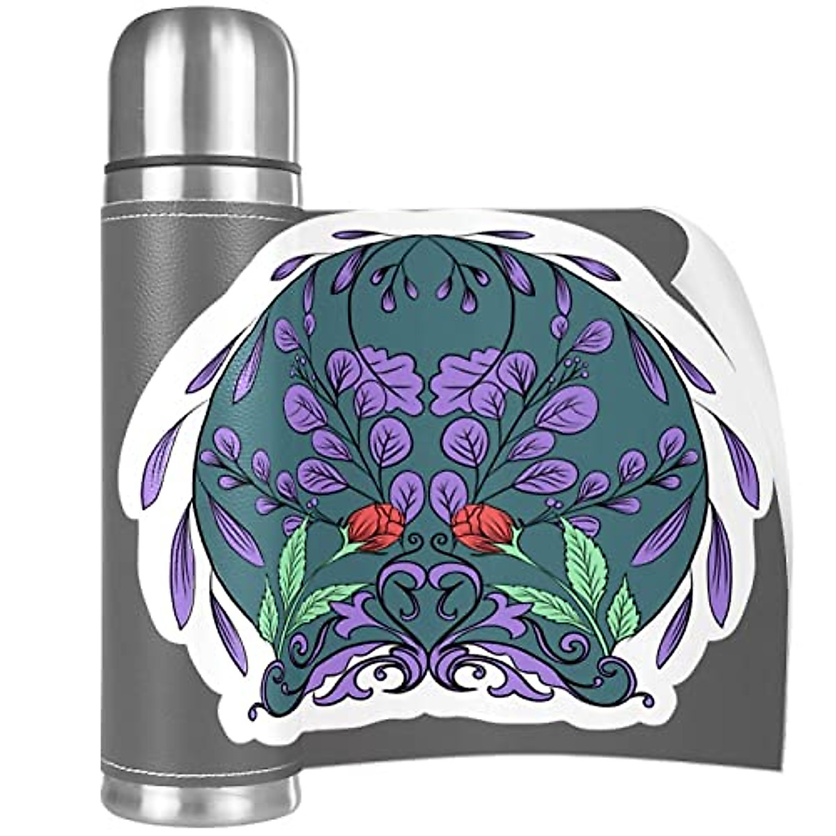 Stainless Steel Leather Vacuum Insulated Mug Plant Thermos Water Bottle for Hot and Cold Drinks Kids Adults 16 Oz