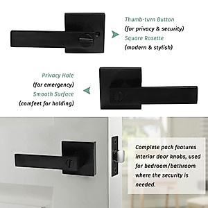 Bedroom/Bathroom Door Handles Levers Square Plate Interior Privacy Door Locksets,Matte Black (10 Pack)