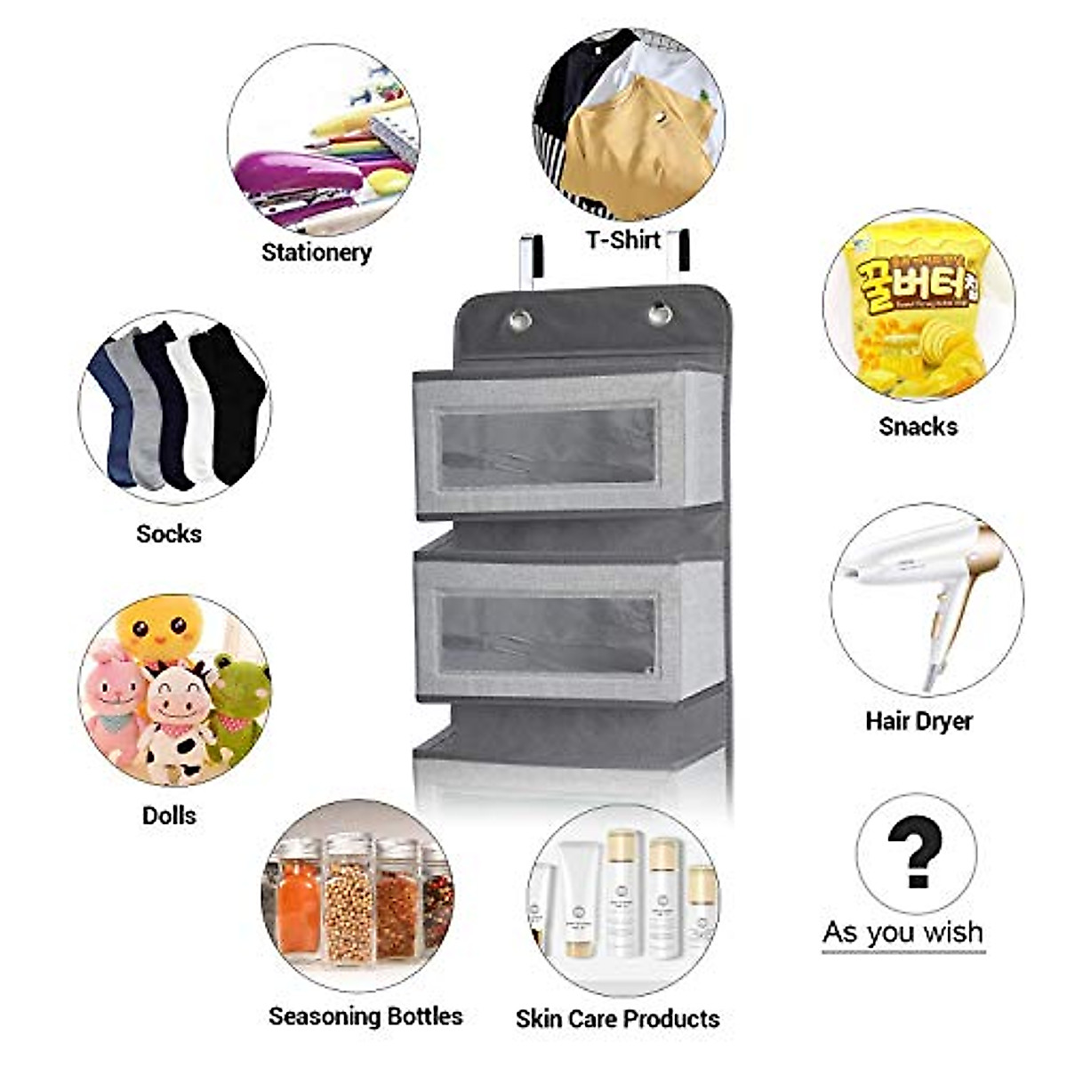 homyfort Over the Door Hanging Organizer Storage with 5 Large Pockets,Wall Mount Storage with Clear Windows and 2 Widened Metal Hooks for Pantry,Nursery,Diapers,Bathroom,kitchen,Closet,Dorm(Grey)