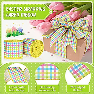 2 Roll 20 Yard Easter Spring Pastel Wired Ribbon, Gingham Ribbon Pink Blue Yellow Green Ribbon Spring Wired Ribbon for Wreaths Plaid Fabric Ribbons for Baby Shower Craft Decor (2.5 Inch)