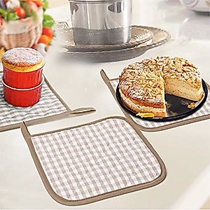 Oven Mitts and Pot Holders, 5 pcs Heat Resistant Cotton Vintage Gingham Oven Mitts and Potholders Hot Pads Mats Coasters Set for Cooking Baking (Light Brown Set)