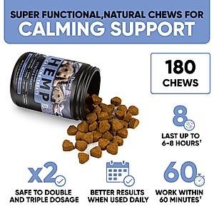 Calming Chews for Dogs - Anxiety Relief for Dogs - Dog Calming Treats with Hemp Oil for All Breeds - Hip & Joint Health - 180 Duck-Flavor Chews - Aid During Fireworks, Thunderstorms, Separation