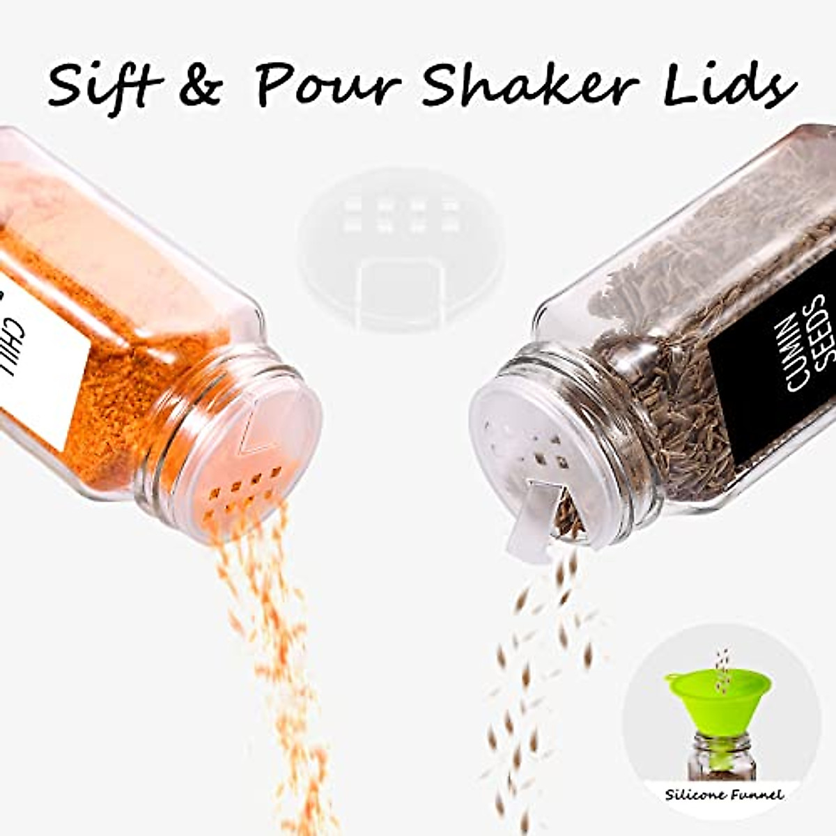 Churboro 36 Spice Jars with 547 Labels- Glass Spice Jars with Black Metal Caps, 4oz Empty Spice Containers with Shaker Lids, Funnel, Chalk Pen, Square Seasoning Bottles for Spice Rack, Drawer, Cabinet