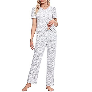 IZZY + TOBY Cotton Pajama Sets, Soft Sleepwear Pjs Set for Women, Summer Pj Short Sleeve Top and Long Pants, Casual Loungewear Ladies Pajamas Gray