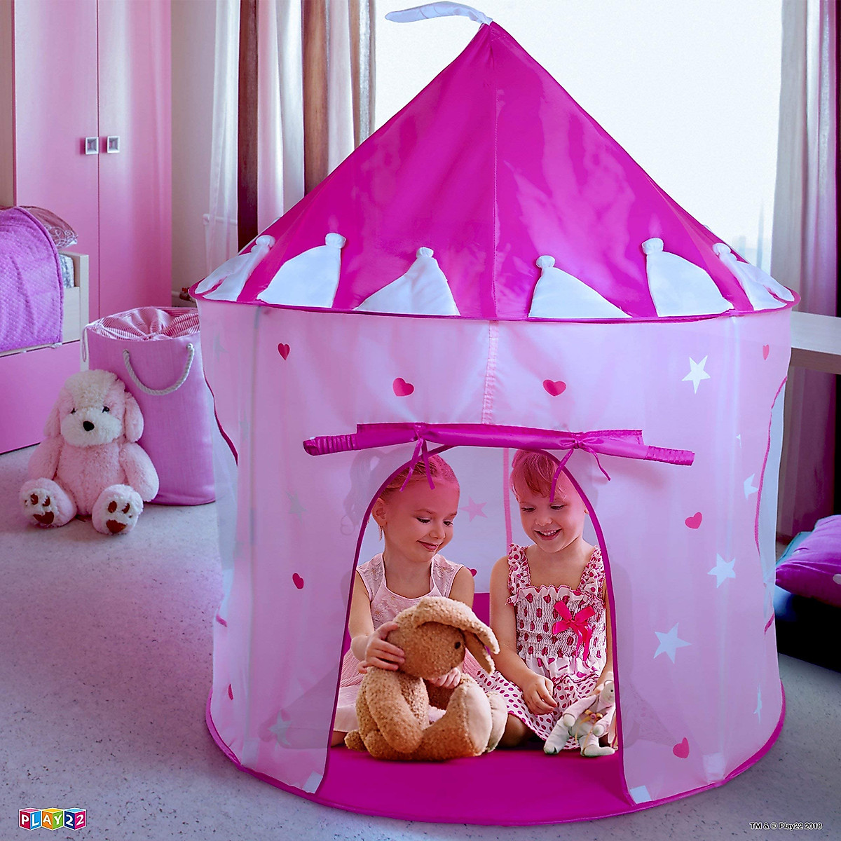 Play22 Play Tent Princess Castle Pink - Features Glow in The Dark Stars - Portable - Kids Pop Up Tent Foldable Into A Carrying Bag - Indoor and Outdoor Use - Original