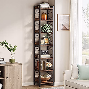 Tribesigns 78.7 Inch Extra Tall Narrow Bookshelf, 7 Tier Skinny Bookcase for Small Spaces, Freestanding Display Shelves, Multifunctional Corner Storage Organizer for Home Office, Rustic Brown