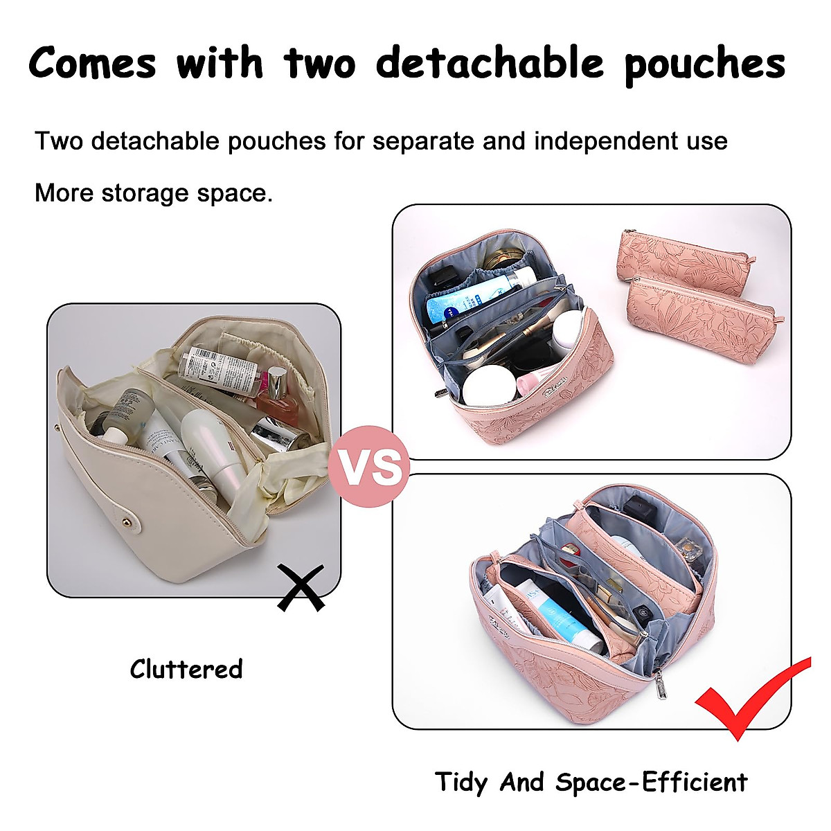 Travel Makeup Bags Cosmetic Organizer Bag: 3-Set Large Capacity Make up Bag - PU Leather Toiletry Bag for Women - Wide Open Portable Pouch with Divider & Handle