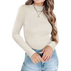 PINKMSTYLE Womens Mock Turtleneck Long Sleeve Tops Double Lined Tight Shirts Base Layer Fall Outfits Cream Small