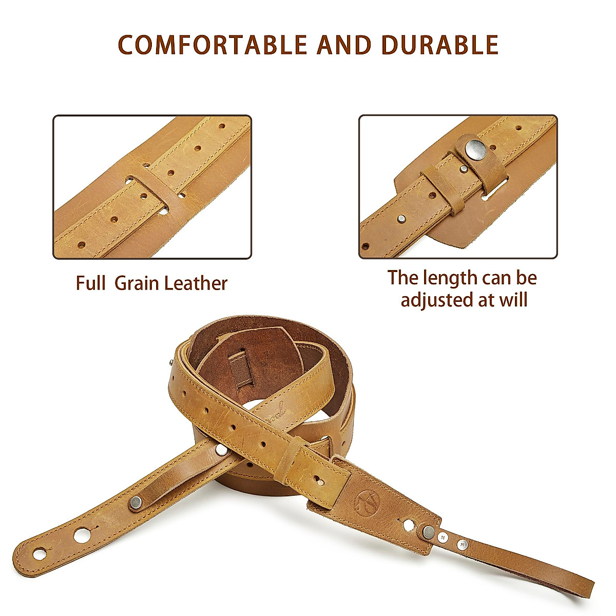 Jeereal Full Grain Genuine Padded Leather vintage Guitar Straps（3.0 Inches Width） for Electric, Acoustic, and Bass Guitars (Yellow Brown)