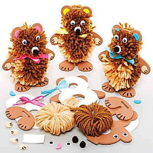 Baker Ross FE362 Teddy Bear Craft Pom Pom Kits - Pack of 3, Childrens Art Make Your Own Fluffy Pom Friend