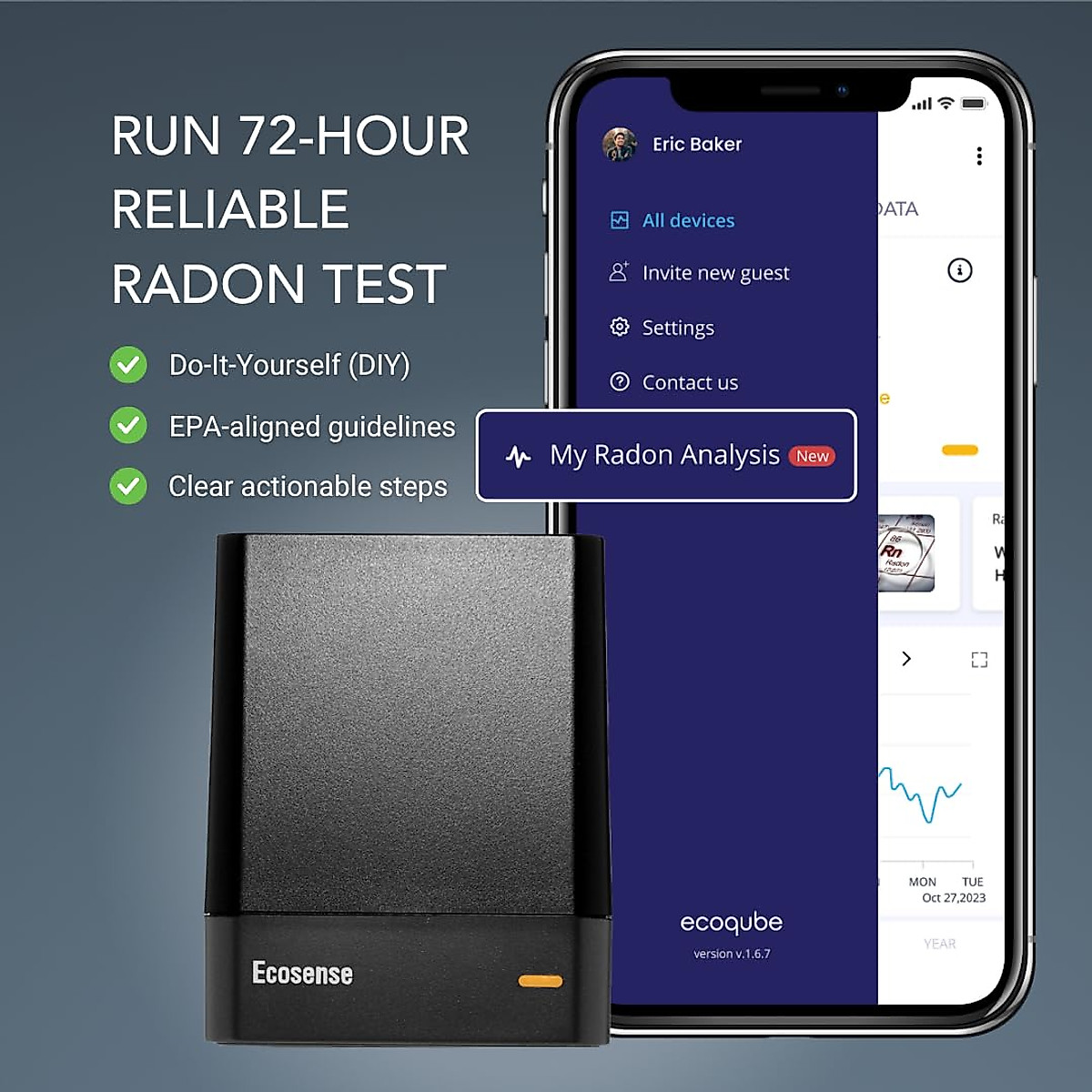 Ecosense EQ100 EcoQube, Smart Continuous Radon Detector for Home, Easy to Use, Accurate, Wi-Fi, USA Version pCi/L