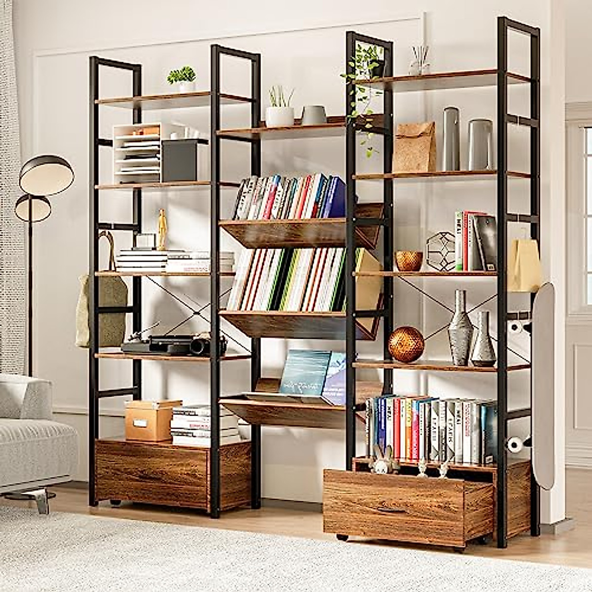 HSSZXFR Triple Wide Bookshelf 5-Tier with 2 Drawers, Industrial Bookshelves Sturdy Wood and Metal, Bookcase Spacious for Display and Storage, Large Display Rack for Home Office