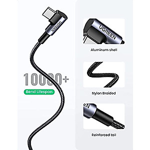 UGREEN USB C Charging Cable, 2-Pack Right Angle 3A Fast Charge QC3.0 USB A to USB C Cable, Nylon Braided Cord Compatible with Galaxy S10/S10+, iPad Mini 6, Pixel 7, Switch, etc. 6.6FT