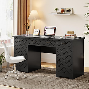 Jojoka 55" Executive Desk, Wood Computer Desk with Drawers and Cabinet, Home Office Desk with Charging Station for Work Study Writing