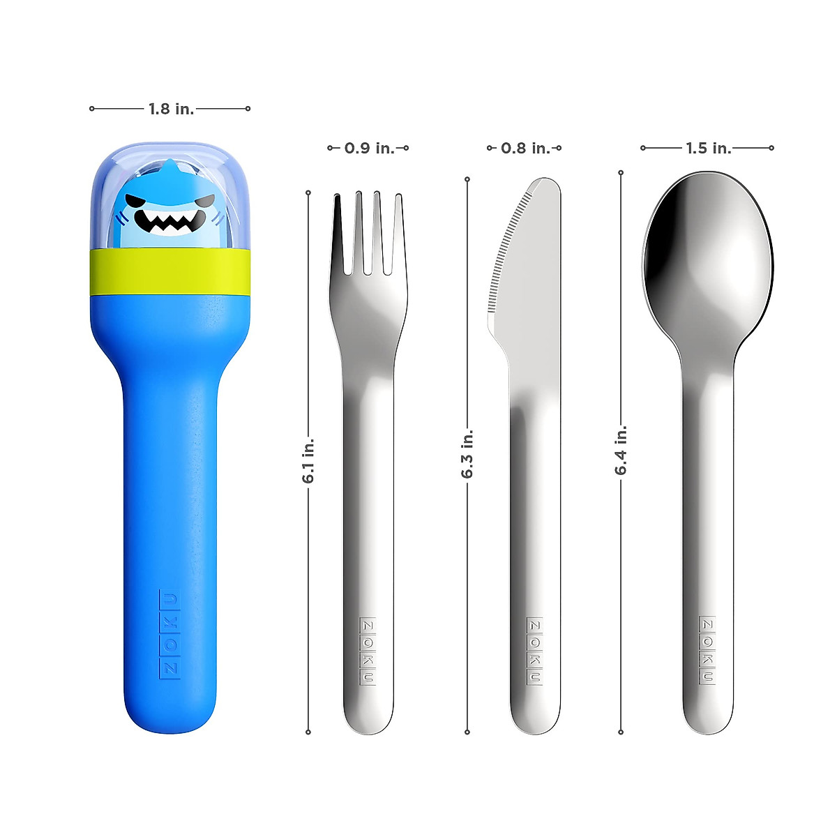 ZOKU Kids Pocket Utensil Set, Shark - Stainless Steel Fork, Knife, and Spoon in Case - Portable Design for Travel, School, Picnics, Camping and Outdoor Home Use