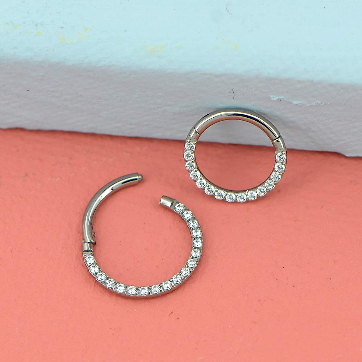 OUFER Titanium Daith Earring Hoop Solid G23 Cartilage Tragus Helix Rings 16G Titanium Septum Piercing Jewelry Hinged Segment Hoop With Clear CZ Paved