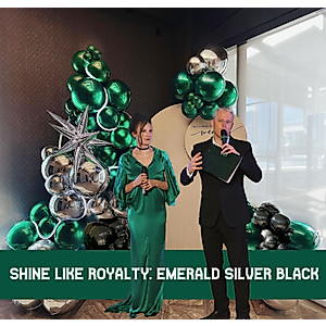 Emerald Green Silver Balloon Garland Arch Kit Double Stuffed Dark Green Black Balloons With Silver Star Balloons for Luxury Birthday Party Christmas grad decorations 2025 Decorations