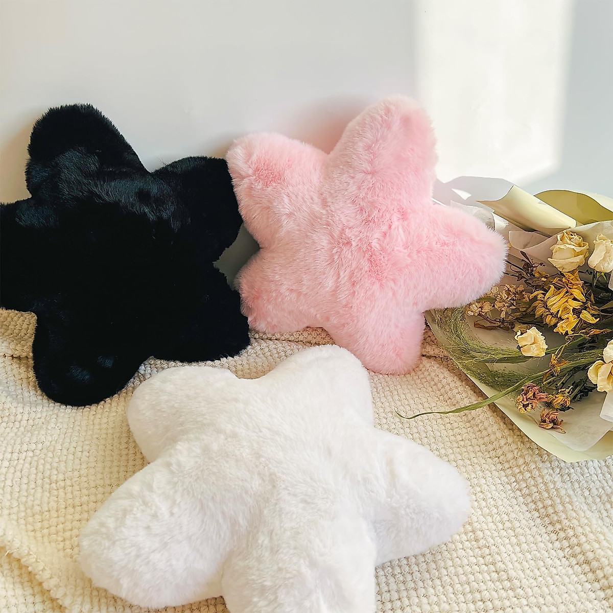 YRXRUS Star Pillows, Pink Star Shaped Pillow, Throw Pillow Gifts, Cute Christmas Room Decor, Fluffy Faux Rabbit Fur Pillow, 15x15 Inches Ultra Soft Pillow