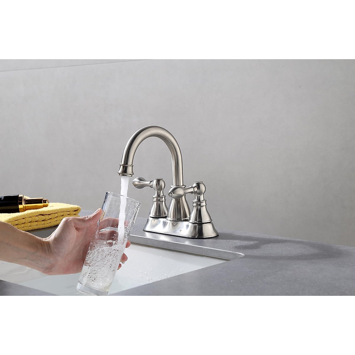 Derengge 2 Handle Brushed Nickel Bathroom Sink Faucet 3 Hole Faucet with Overflow Pop up Drain,360° Swivel Spout 4 Inch Centerset Bathroom Faucet without Supply Hoses,Meets cUPC NSF 61-9 AB1953,2 Pack