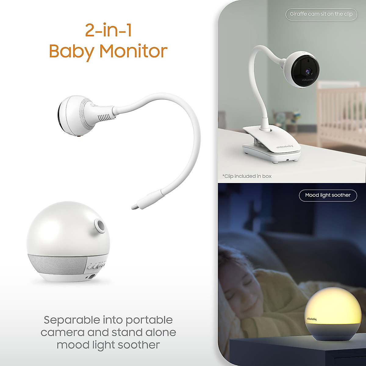 CHILLAX BabyMood Pro - 2 in 1 Baby Monitor with Camera and Audio with Remote Pan, Lights & Lullaby for Toddler & Infant - Full HD 360° Gooseneck Baby Camera for Nursery - Phone App & Tablet Access