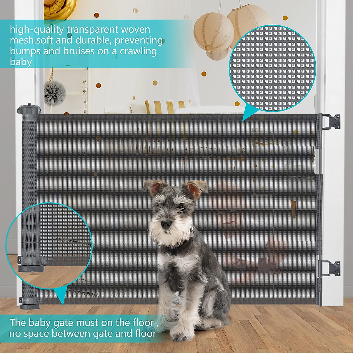 Retractable Baby Gate, Extra Wide Child Mesh Safety Gate with 2 Sets of Mounting Hardware, Pet Dog Gate 34" Tall, Extends to 59" Wide for Stairs, Doorways, Hallways, Deck, Banisters Indoor/Outdoor