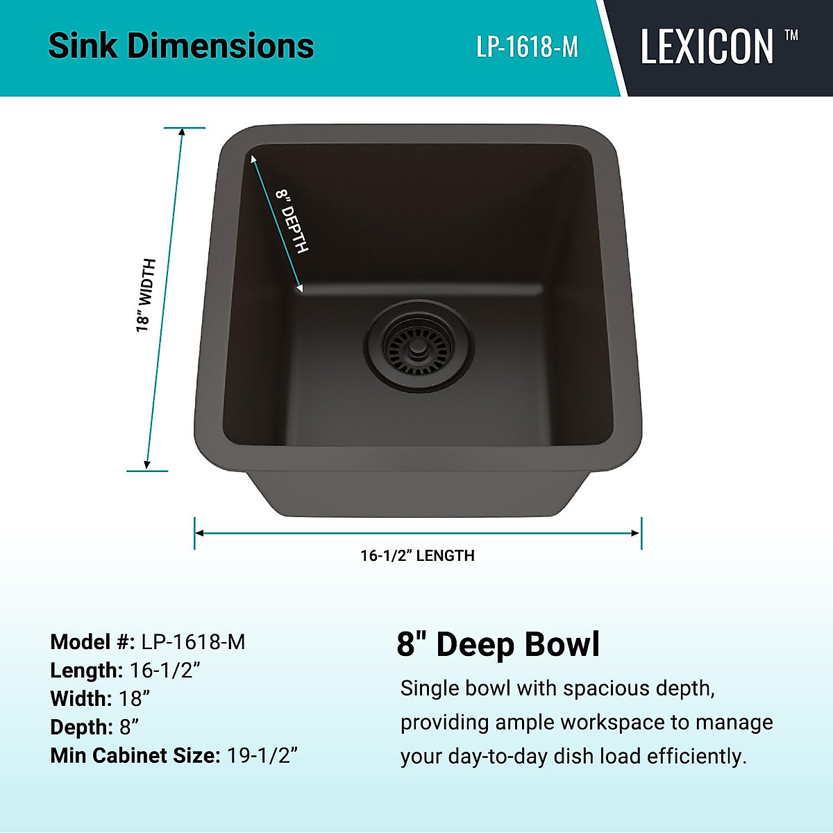 16" x 18" Quartz Kitchen Sink, Single Bowl Kitchen Sink, Drop In Kitchen Sink, Undermount Sink, Granite Composite Kitchen Sink, Galaxy Mocha Kitchen Sinks, Grid, Strainer, Lexicon Platinum LP-1618-M