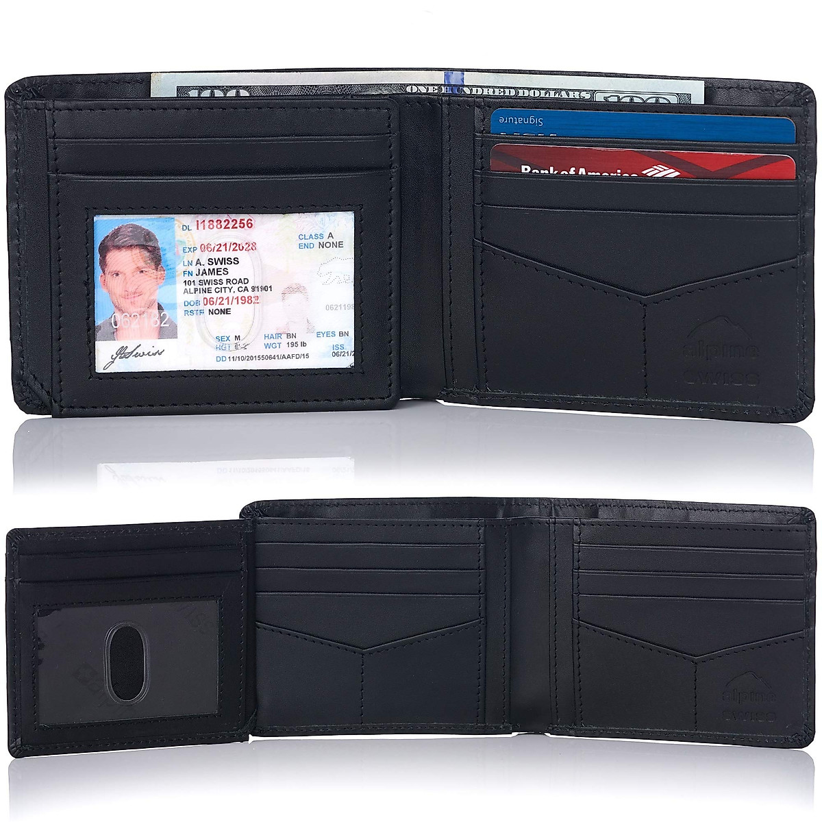Alpine Swiss RFID Luka Men's Flip ID Wallet Deluxe Capacity ID Bifold With Divided Bill Section Camden Collection Smooth Finish Black Comes in a Gift Box