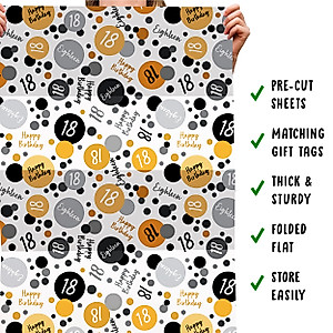 CENTRAL 23 Girls Wrapping Paper - 6 Sheets of Gift Wrap - 18th Birthday Wrapping Paper for Men Women - Black Gold - Dots - Age 18 - For Friends - Comes with Fun Stickers