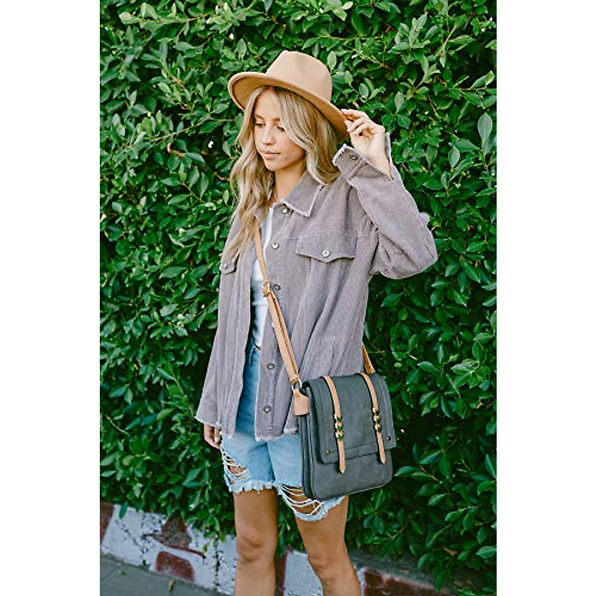 ALYSSA Double Compartment Large Two-Tone Colorblock Flapover Crossbody Bag (Charcoal Grey/Black)