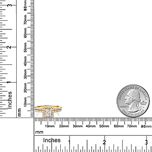 Gem Stone King 18K Yellow Gold Plated Silver White Moissanite Engagement Wedding Engagement Ring Band Bridal Set For Women (1.36 Cttw, Gemstone, Princess 5MM, Size 7)