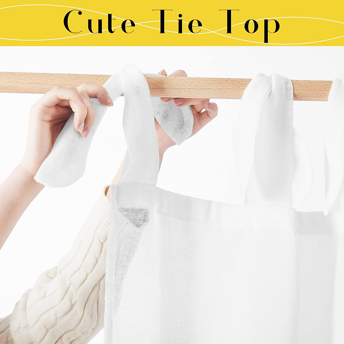 NICETOWN White Linen Sheer Curtains 84 inch Long 2 Panels, Adjustable Tie Top DIY Crafted Flax Semi Sheer Privacy with Light Filtering Vertical Drapes for Bedroom/Living Room, W52 x L84