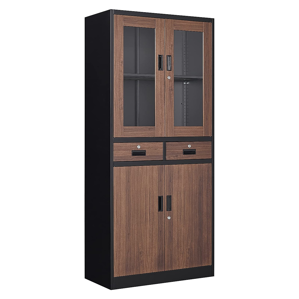PEUKC Kitchen Pantry Cabinet, 71" Freestanding Kitchen Pantry Storage Cabinet with Drawer and Adjustable Shelves, Metal Tall Pantry Cabinet Cupborad with Glasses Doors, Wood Color