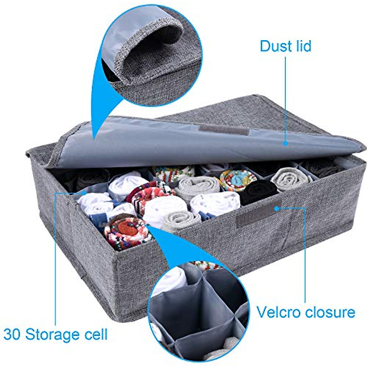 Socks Organizer with Lid, 30 Cell Underwear Drawer Organizer Foldable Closet Storage Box for Ties, Lingeries, Socks - Gray